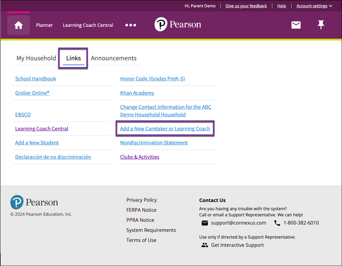 How do I add or remove a new Caretaker or Learning Coach from my account?